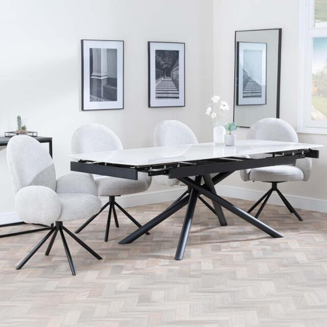 Apollo White Ceramic Extending Dining Set - Theo Grey Fabric Swivel ...