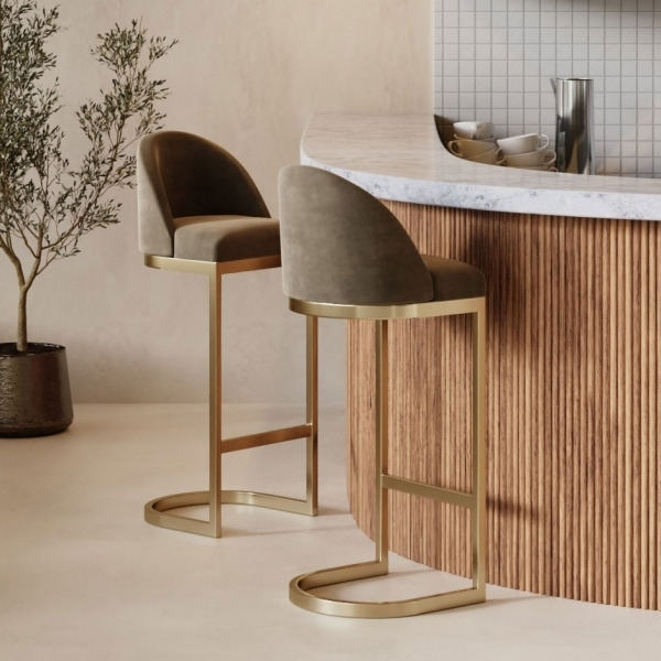 Matteo Bar Stool with Backrest, Taupe Sustainable Velvet Leg Colour ...