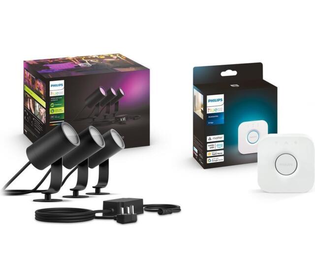 PHILIPS HUE Lily White & Colour Ambiance Smart Outdoor LED Spotlight Starter Kit - Black, Triple ...