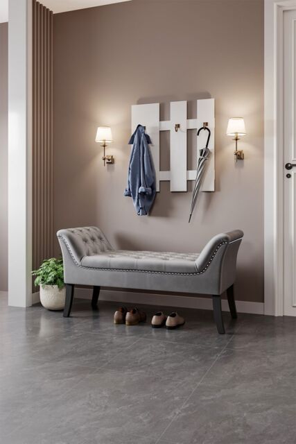 Grey Velvet Buttoned Bench with Black Wood Legs by Debenhams | ufurnish.com