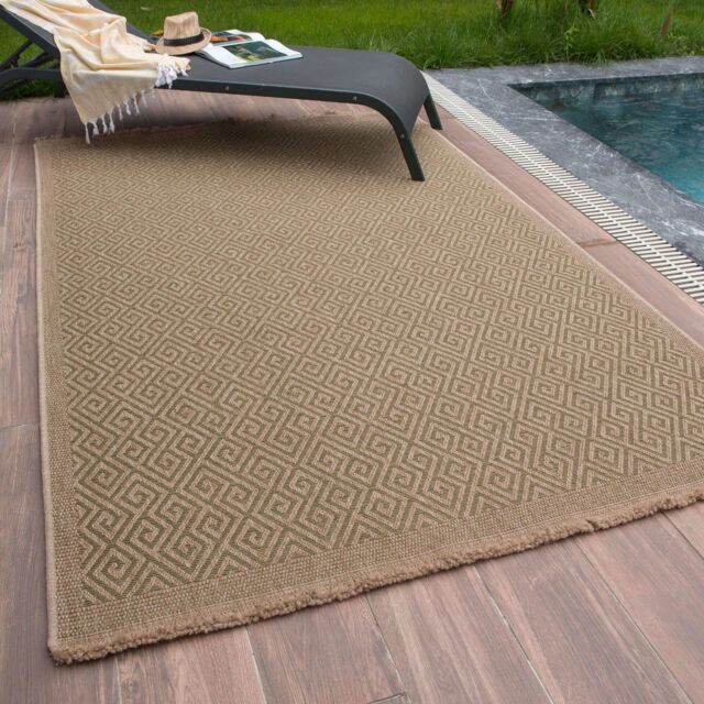 Jute Looking Greek Key Design Outdoor Rugs in Green for Garden Patio ...
