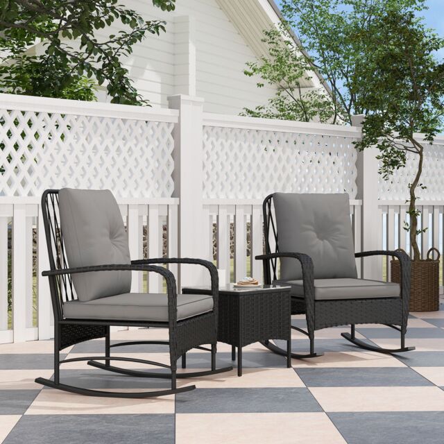 Rattan Bistro Set Balcony Furniture with Rocking Chairs, Black by ...
