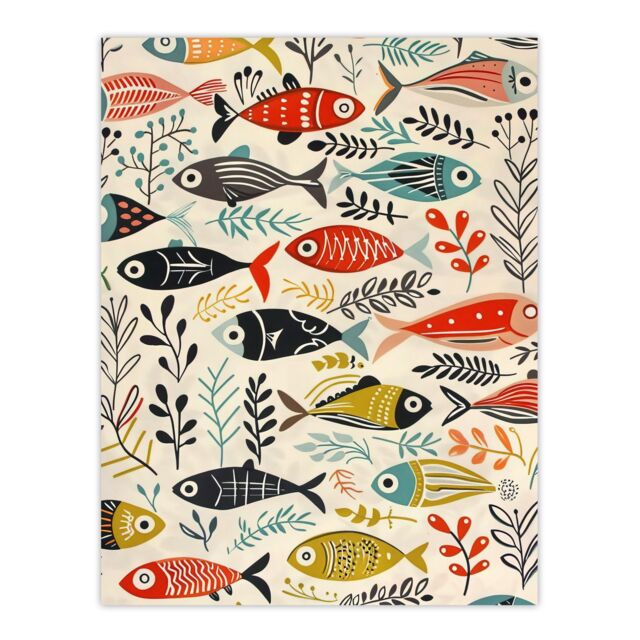 Scandi Fish Sea Kelp Design Colourful Rustic Wall Art Print by ...
