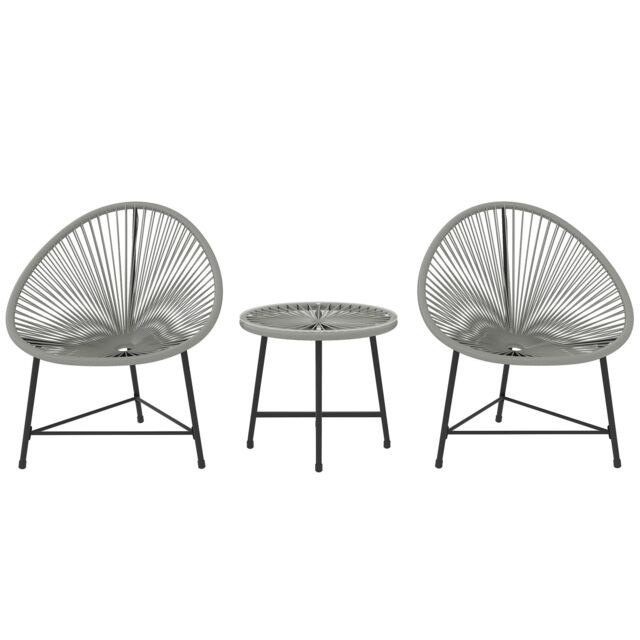 Rattan Bistro Set, Cushioned Acapulco Chairs, Glass Table, Grey by ...
