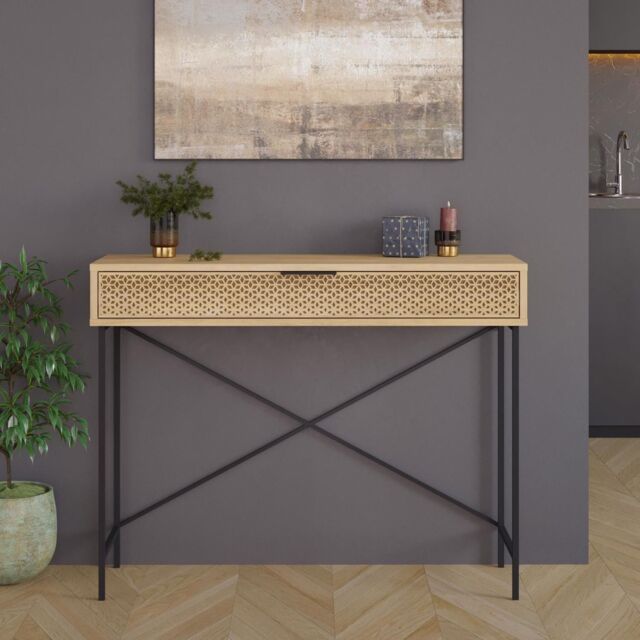 Naive 1 Drawer Console Table Sapphire Oak Effect Metal Frame Push Open ...