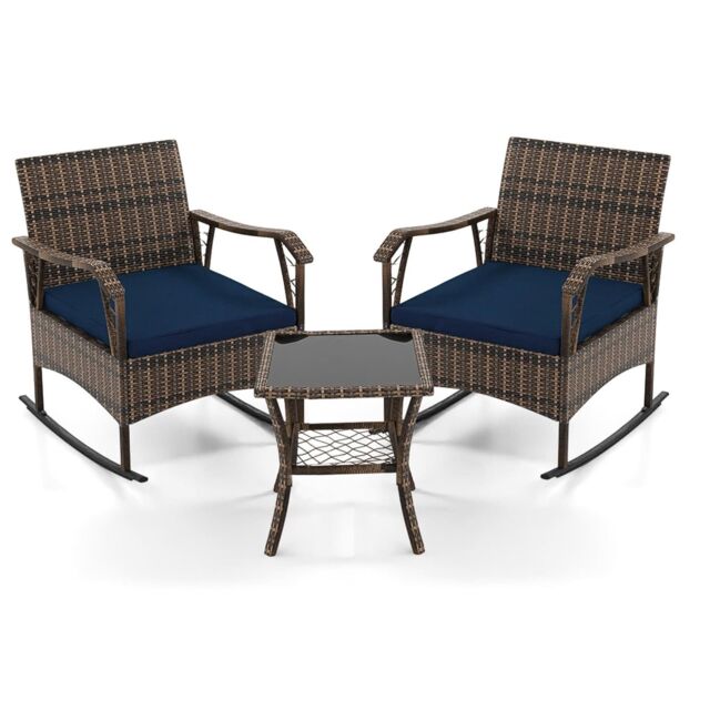 Costway 3 Pieces Rocking Bistro Set Outdoor PE Wicker Conversation Set ...