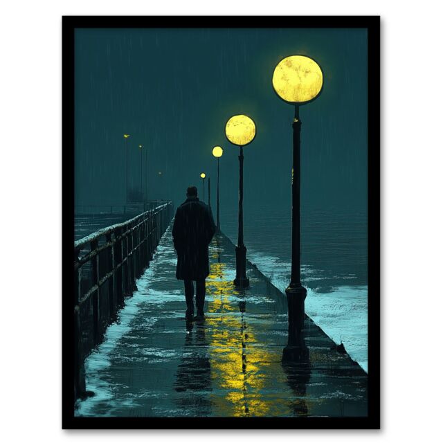 "Artery8 Night Walk in Rain Under Promenade Street Lamps Framed Art ...