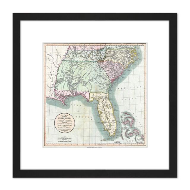 Map 1806 Cary Carolinas Georgia Florida 8X8 Inch Square Wooden Framed ...