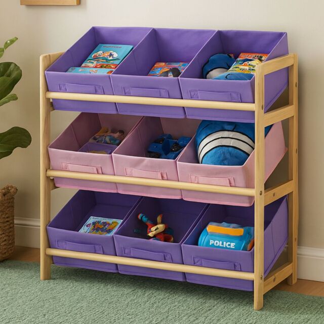 Orsina 9 Canvas Tubs Kids Storage Unit, Natural Wooden Storage Unit ...