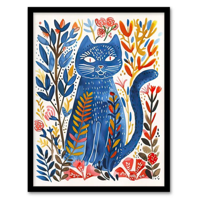 Russian Blue Cat Lover Fun Botanical Folk Art Framed Wall Art by ...