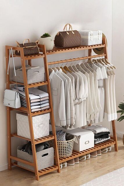 Multi-Functional Bamboo Garment Clothes Rack 7-Tier Storage Shelf Coat ...