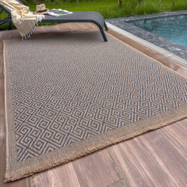 Jute Looking Greek Key Design Outdoor Rugs for Garden Patio Nature 5100 ...