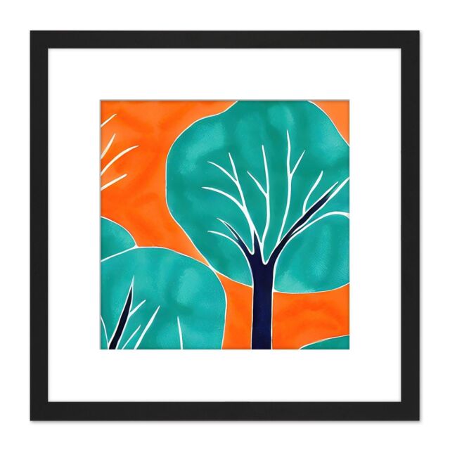 Striking Orange Teal Trees Abstract Landscape Watercolour Square Wooden ...