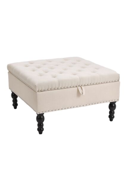Beige Square Linen Tufted Storage Ottoman by Debenhams | ufurnish.com