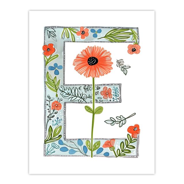 Wall Art Print Letter E in Watercolour Poppies and Wildflowers Floral ...