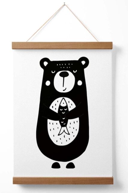 Cute Black Bear Scandi Animal Poster with Oak Hanger by Debenhams ...