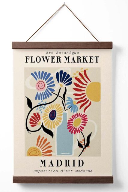 Madrid Blue and Pink Flower Market Exhibition Poster with Walnut Hanger ...