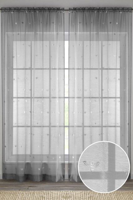 Metallic Bee Print Linen Look Voile Panels (Pair) with Rod Pocket ...