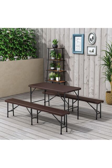 3-Piece Rattan Plastic Outdoor Camping Folding Table Bench Set by ...