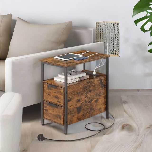 FURNOS Slim Bedside Table With Power & USB Outlets in Brown by ...