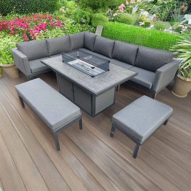 L Shaped 9 Seater Garden Patio Set + Firepit Table Grey + Cover by ...