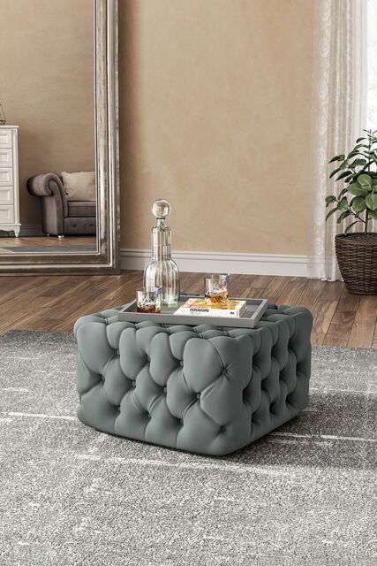 Living and Home 62cm W Grey Velvet Buttoned Tufted Square Footstool ...