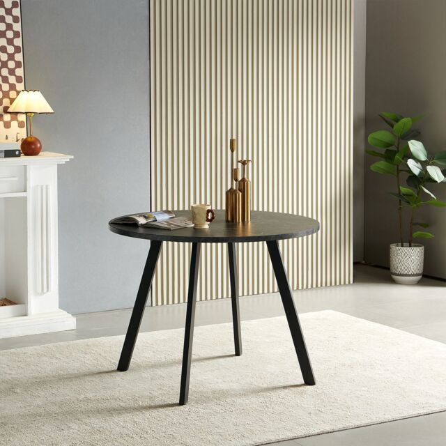 100cm Round Dining Table with Black Marble Top and Flat Tube Metal Leg ...