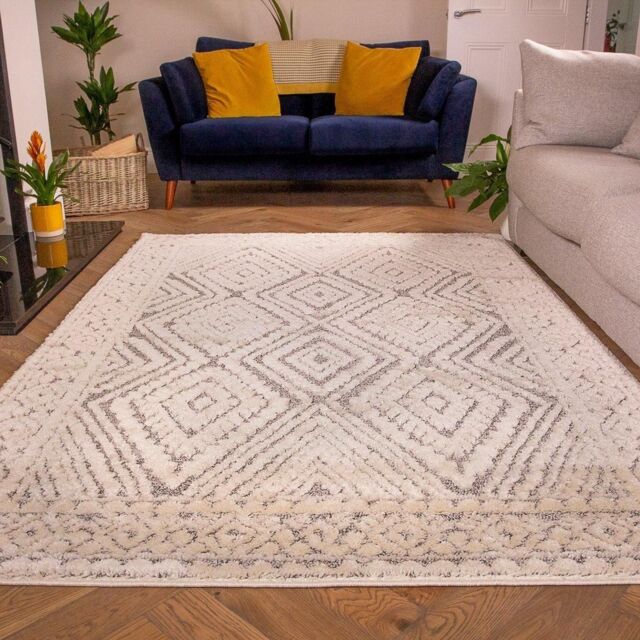 Grey Cream Diamond Geometric Loop and Tufted Shaggy Rug by Debenhams ...