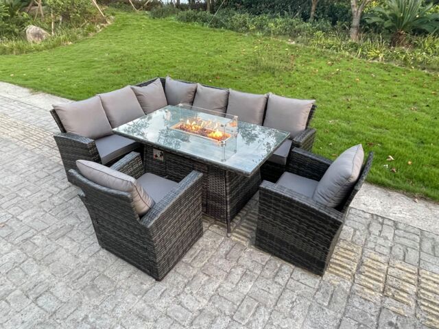 Outdoor Rattan High Back Sofa Set Gas Fire Pit Dining Table Heater ...
