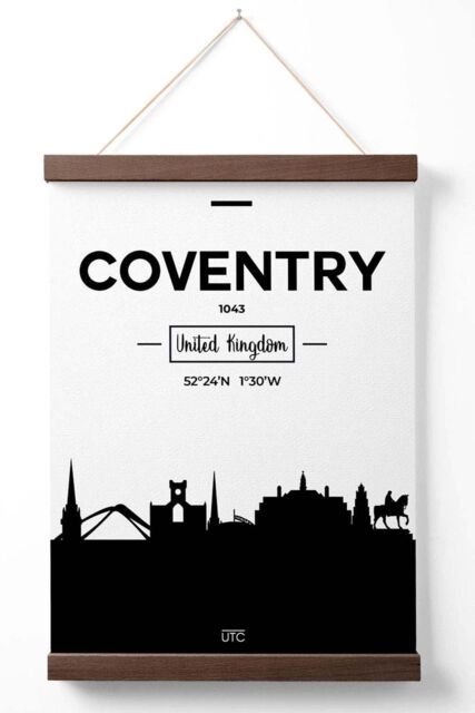Coventry Black and White City Skyline Poster with Walnut Hanger by ...