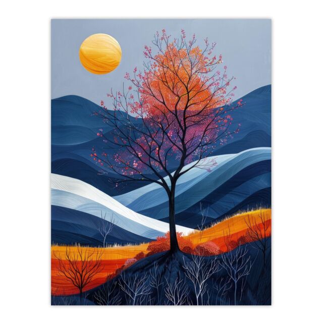 Wall Art Print Moon and Autumn Tree in Scottish Hills Painting Poster ...