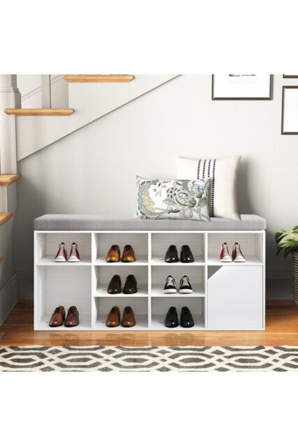 White Shoe Changing Bench Storage Cabinet with Linen Cushion by ...