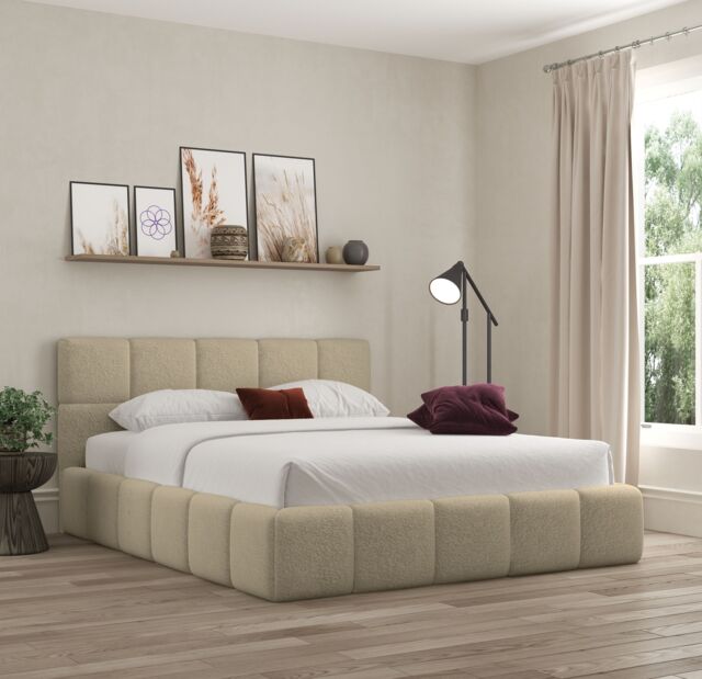 Ovella Cubed Upholstered Boucle Latte Bed by Debenhams | ufurnish.com