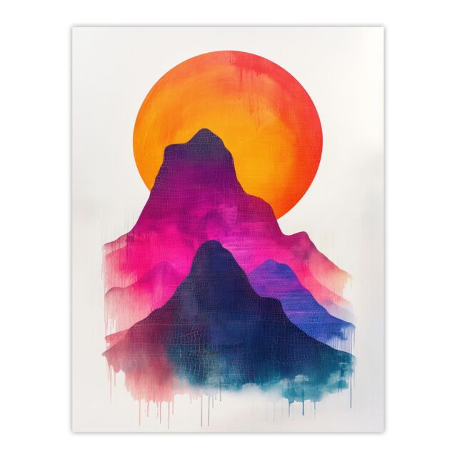 "Artery8 Wall Art Print Sunset Sun Behind Colourful Mountains Painting ...