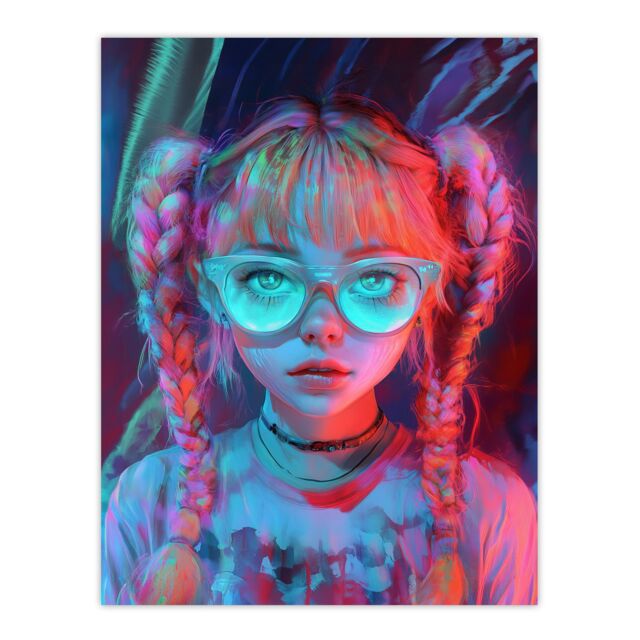 "Artery8 Nerdy Braid Pigtails Glasses Neon Pink Blue Wall Art Print ...