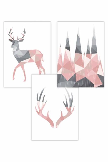 ARTZE Set of 3 Geometric Blush Pink Grey Stags Set Art Posters in Light ...