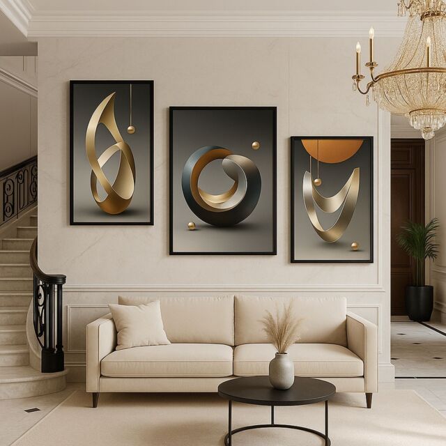Wall Art Set of 3 Luxury Abstract Gold Grey Geometric Design by ...
