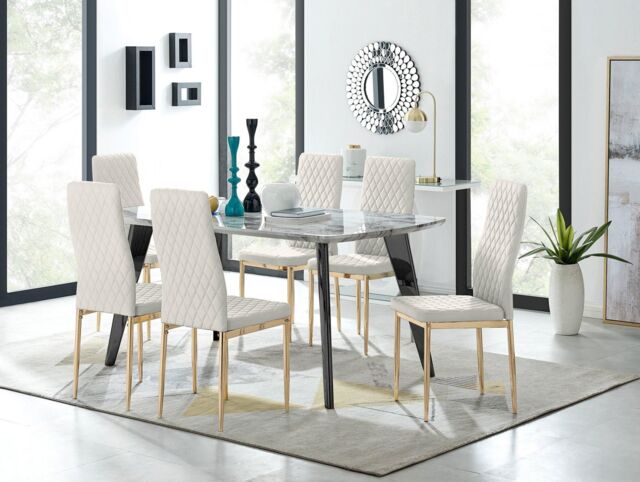 Andria Marble Effect Dining Table With Black Legs & 6 Milan Velvet Gold ...