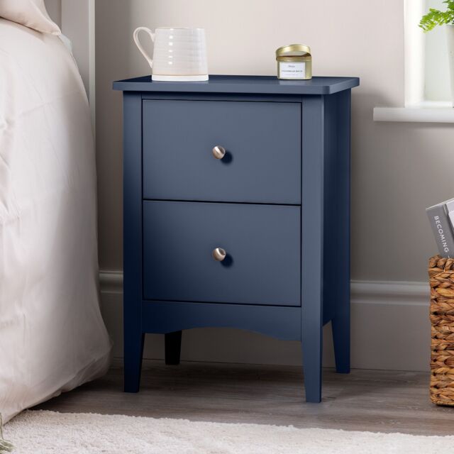 Navy Bedside Table 2 Drawer Slim Bedroom Nightstand Storage Cabinet ...