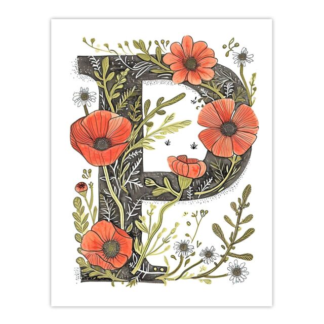 Wall Art Print Letter P for Poppy Bouquet Bloom Watercolour Rustic ...