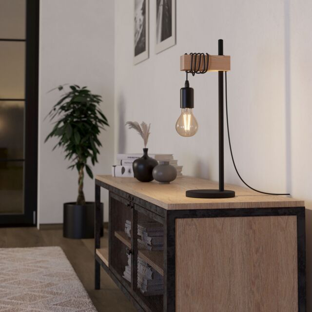 TOWNSHEND Black Metal & Natural Wood Industrial Style Table Lamp with ...