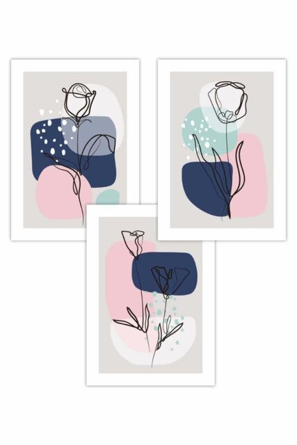 ARTZE Set of 3 Line Art Spring Flowers on Navy Pink Boho Shapes Art ...
