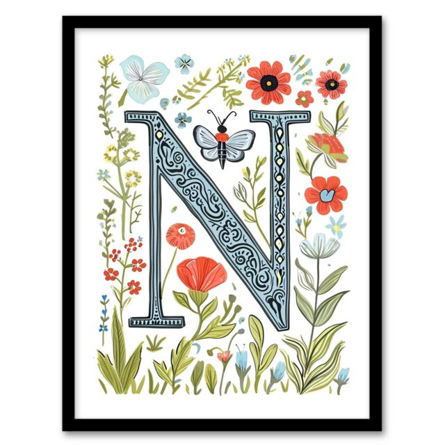 Wall Art Print Letter N in Wildflower Garden Butterfly Nature Floral ...