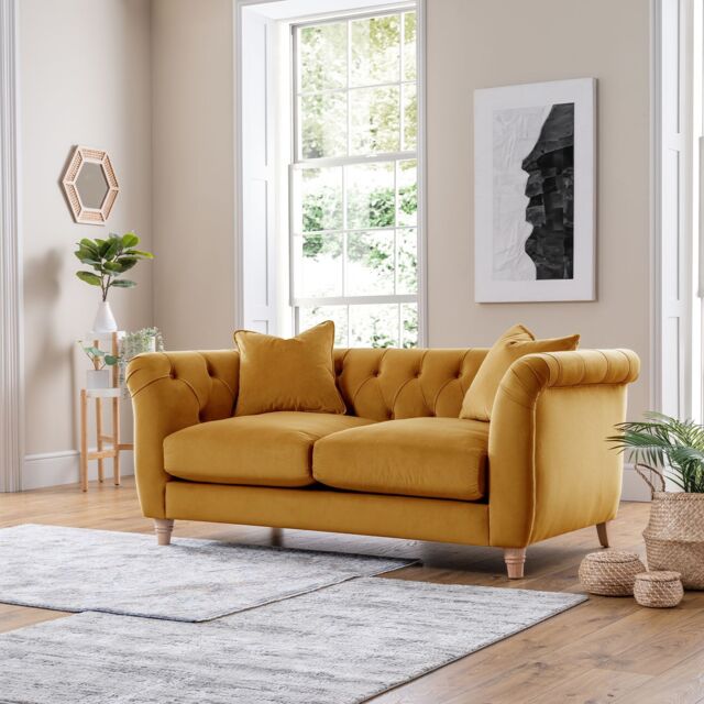Elsie Plush Velvet Chesterfield Ochre Mustard 2 Seater Sofa by ...