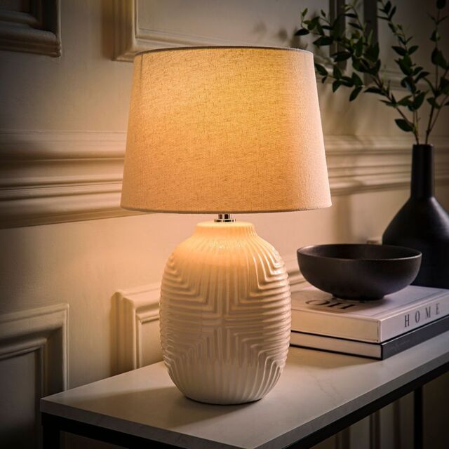 Harrison Taper Shade White Geo Rib Pattern Gloss Table Lamp with Bulb ...