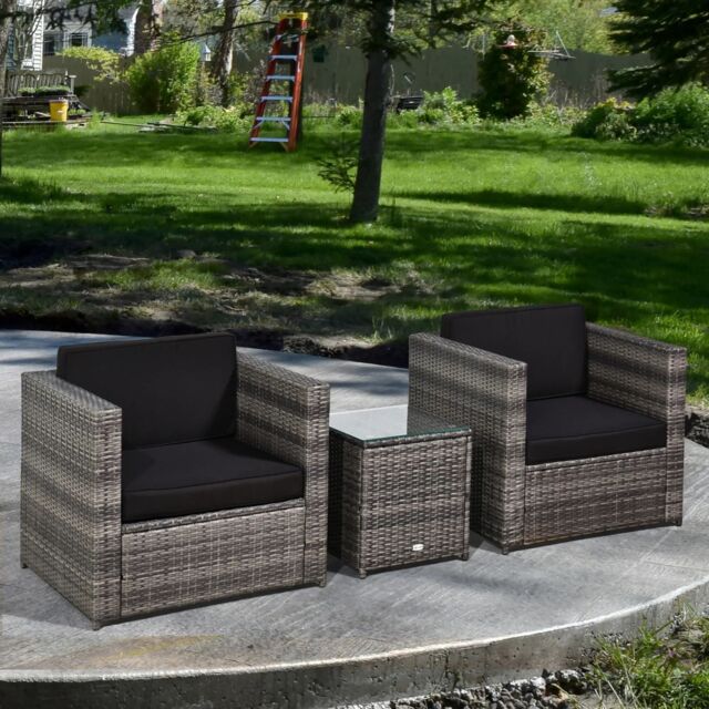 Grey Rattan Bistro Set with Cushions and Glass Coffee Table by ...