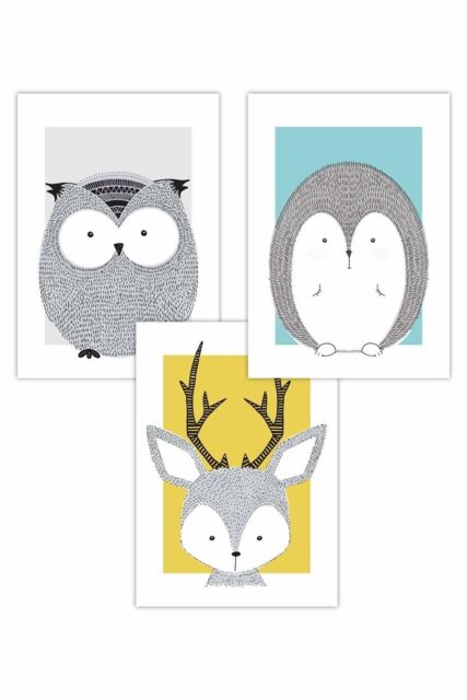 Set of 3 Nursery Scandi Sketch Woodland Animals with Owl in Blue Yellow ...