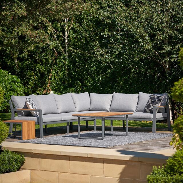 5 Seater Grey Metal and Natural Teak Wood Outdoor Corner Set by ...