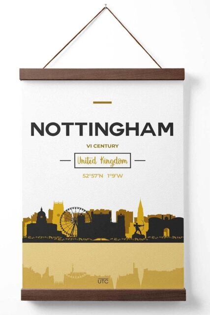 Nottingham Yellow and Black City Skyline Poster with Walnut Hanger by ...