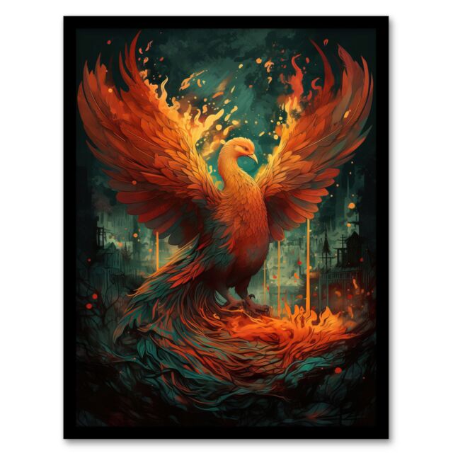 Artery8 Wall Art Print Majestic Phoenix Bird Concept Painting Blue ...